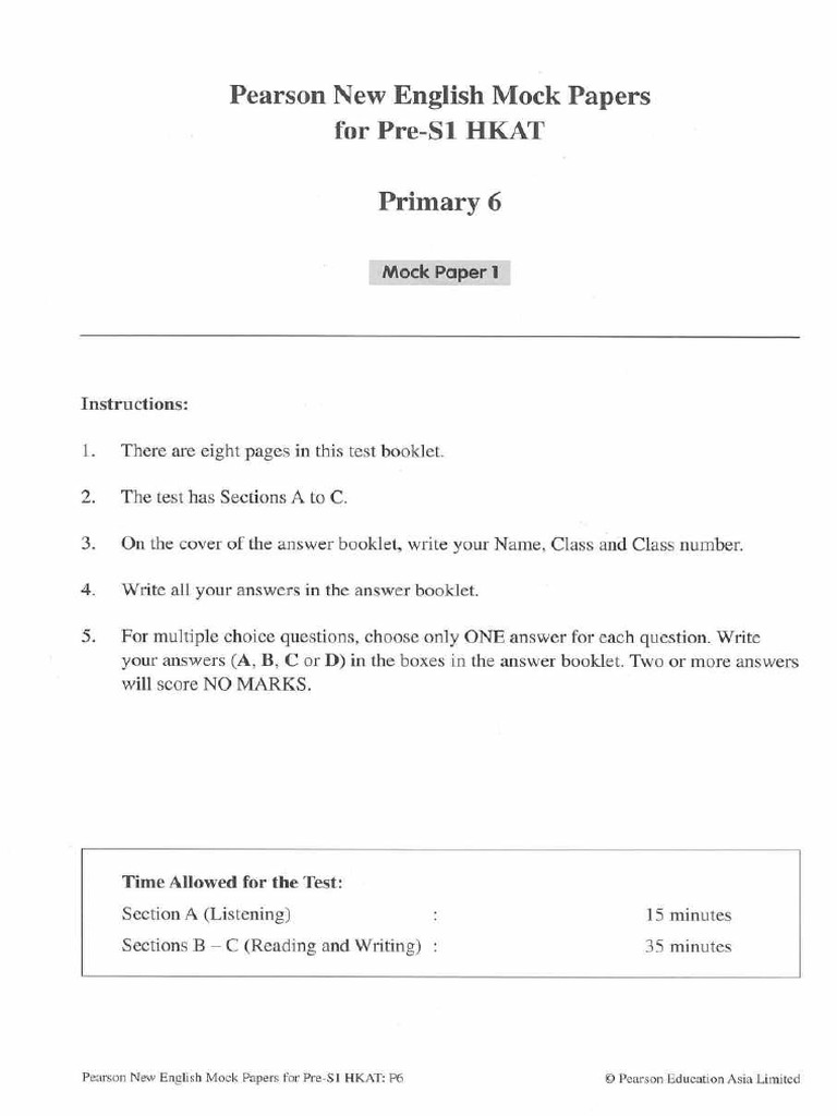 Pearson Pre-S1 Mock Paper 1 | PDF