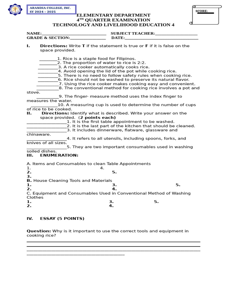 Tle 4th Exam (Grade 4) Final | PDF