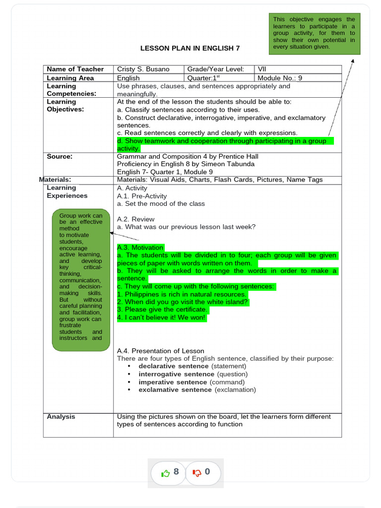 Lesson Plan in English 7 4 Types of Sentences - Compress | PDF ...