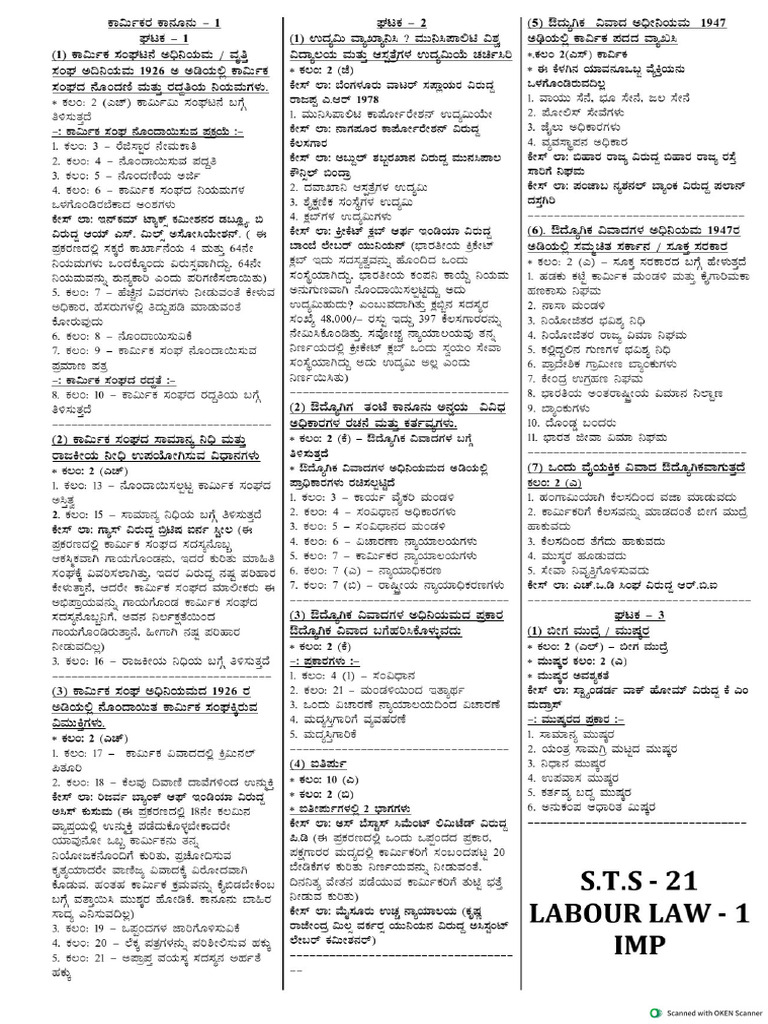 Labour Law - 1 STS- kannada (LAW FAMILY) | PDF