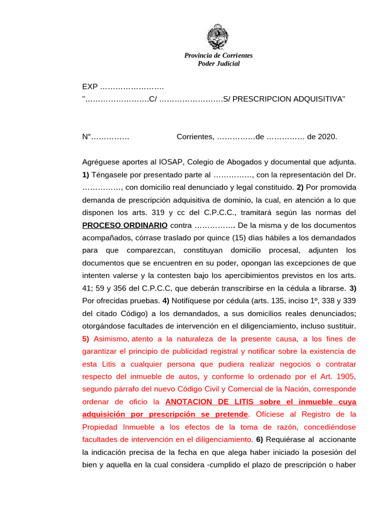 Anotación de Litis - 1 Primer Proveído en Procesos de Prescripción ...