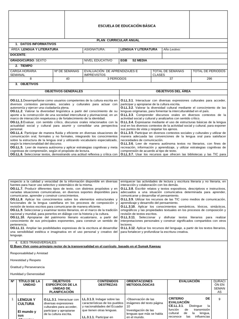 Pca de 6to Egb de Lengua y Literatura 2024 | PDF | Aprendizaje | Dialecto