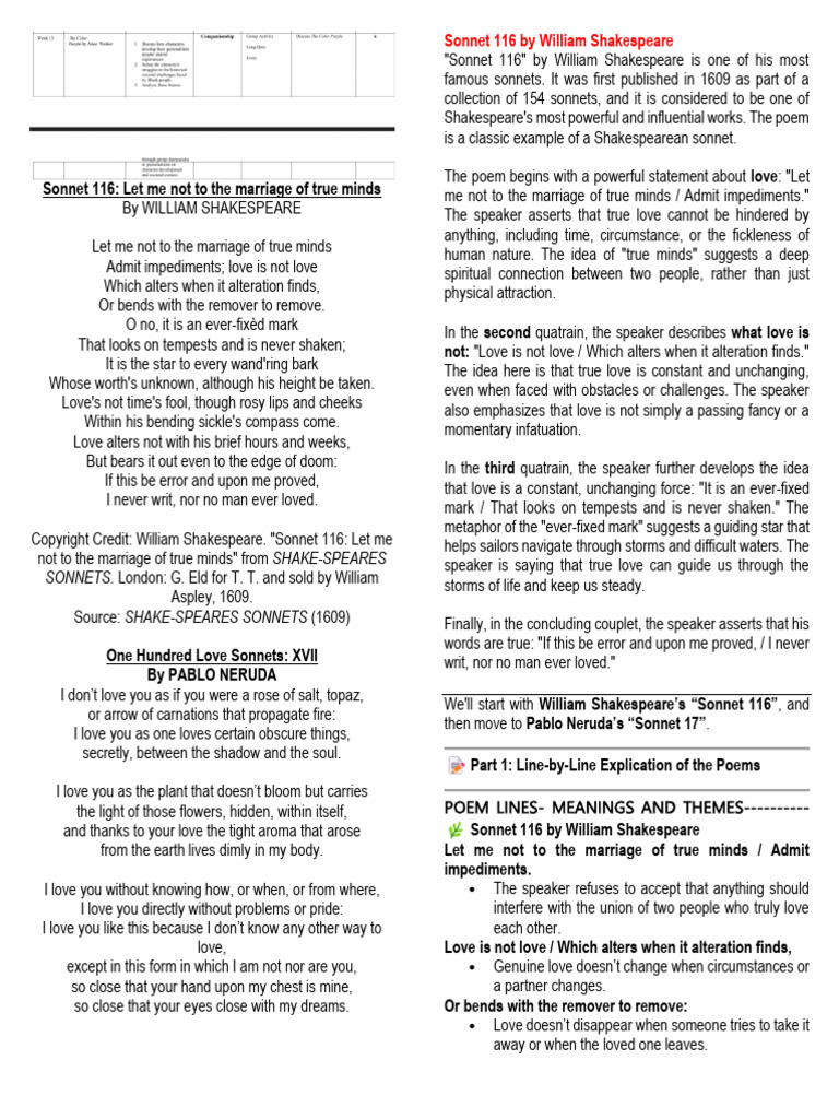 Sonnet 116 by William Shakespeare and Sonnet 17 by Pablo Neruda | PDF ...