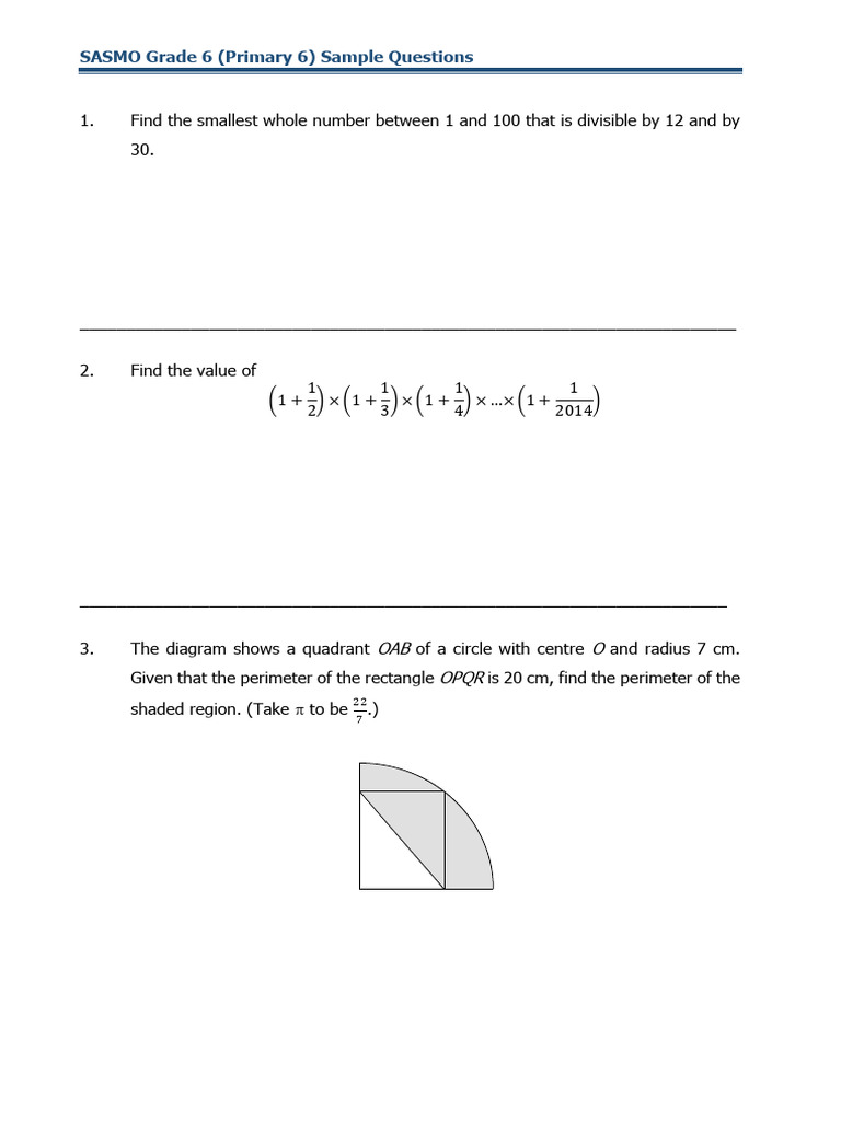 SASMO Grade 6 Sample Math Questions | PDF