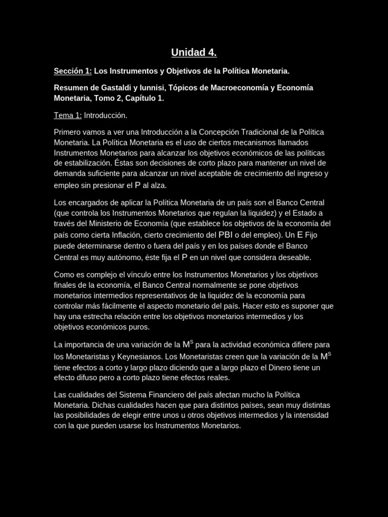 Resumen de La Unidad 4 | PDF | La política monetaria | Monetarismo