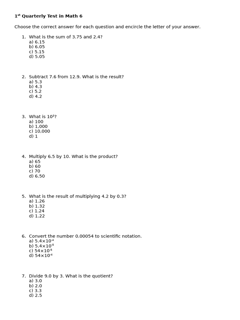 1st Quarterly Test in Math 6 | PDF