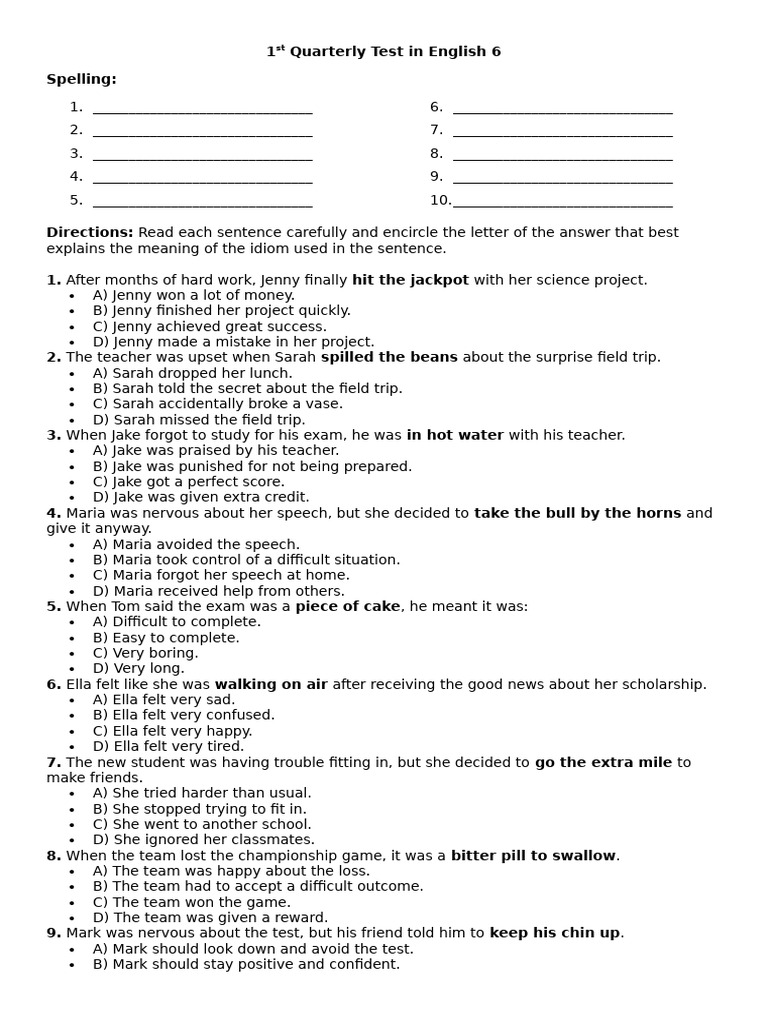 1st Quarterly Test in English 6 | PDF