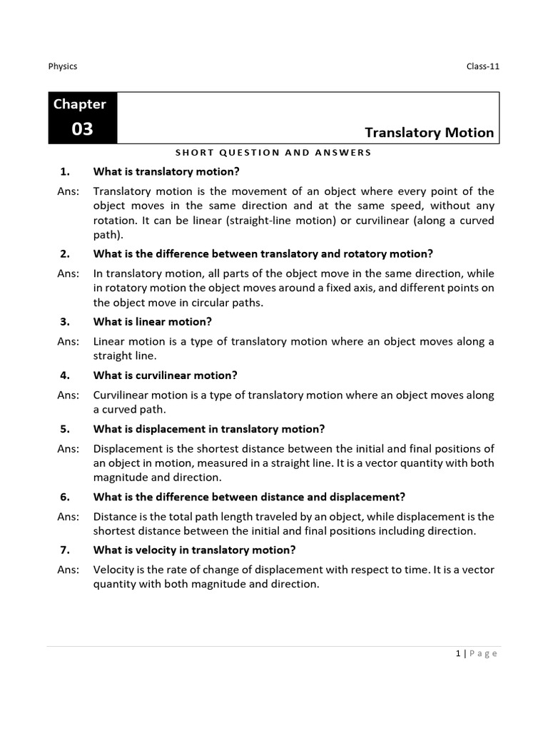 Ch-03: Translatory Motion - Short Question Answers - PDF | PDF ...