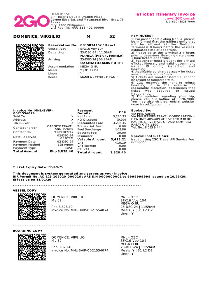 2GO Travel eTicket Itinerary Invoice | PDF