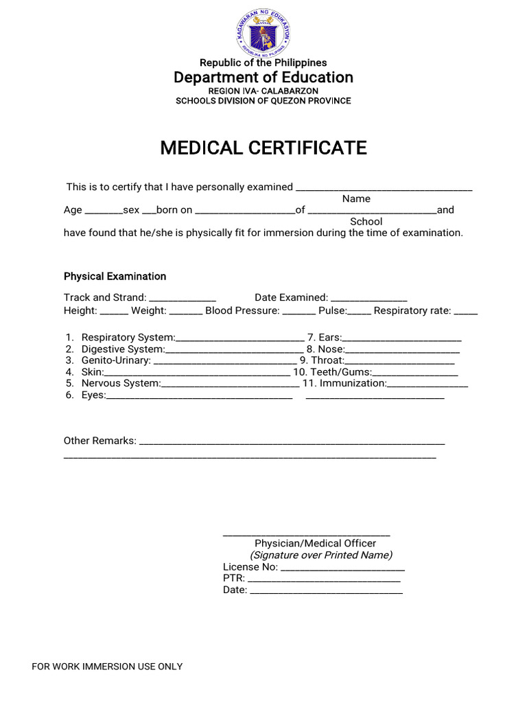 Medical Certificate for Work Immersion | PDF