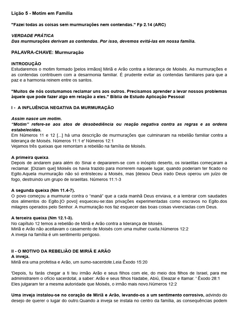 Lição 5 - Motim em Família | PDF | Aarão | O Livro dos Números