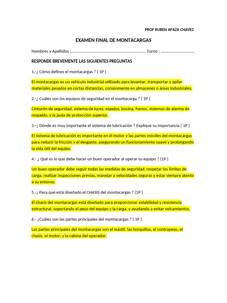 EXAMEN FINAL MONTACARGAS 2025 | PDF | Máquina elevadora | Vehículo de motor