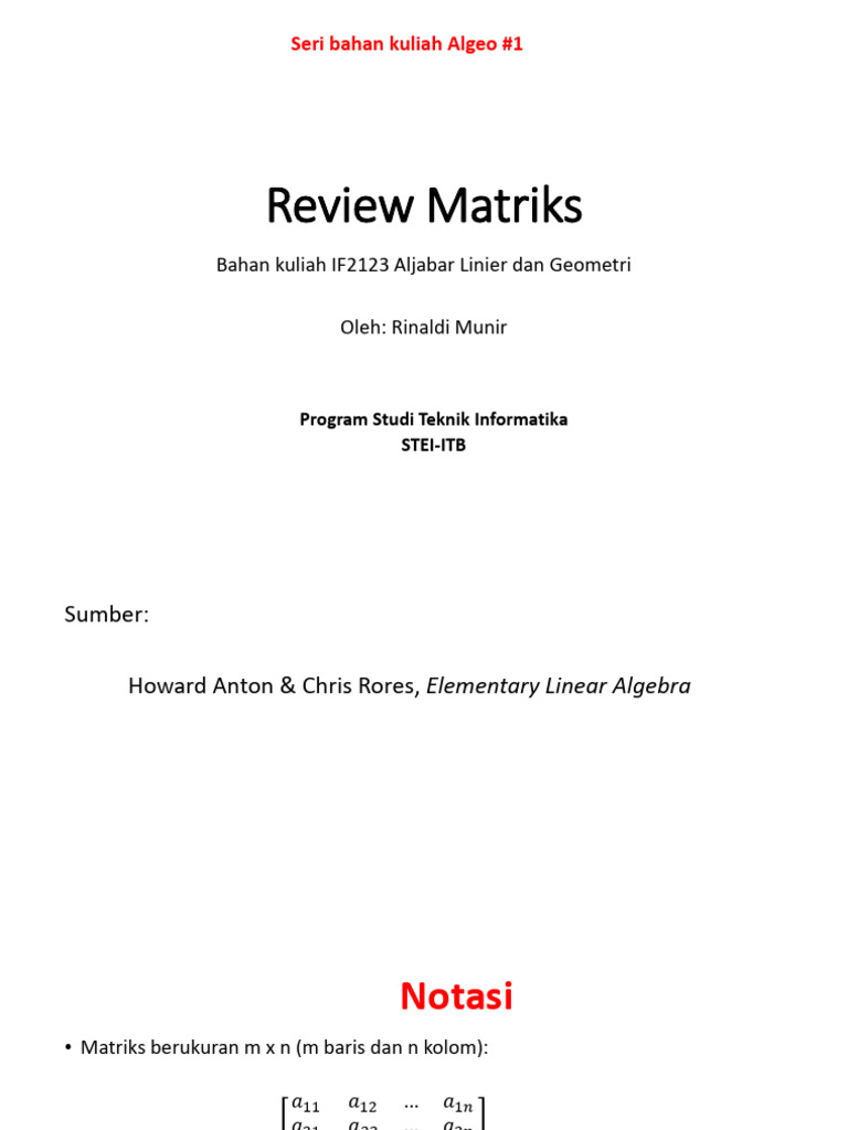 Algeo 01 Review Matriks 2023 | PDF
