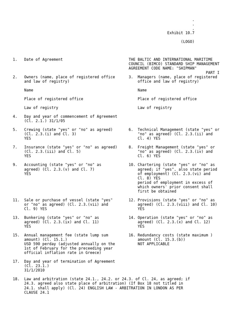 Law - Insider - Euroseas LTD - 1 Date of Agreement The Baltic and ...