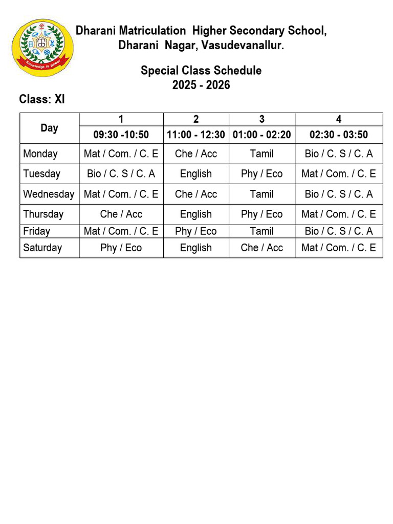 XII Time Table 2025 - 2026 | PDF