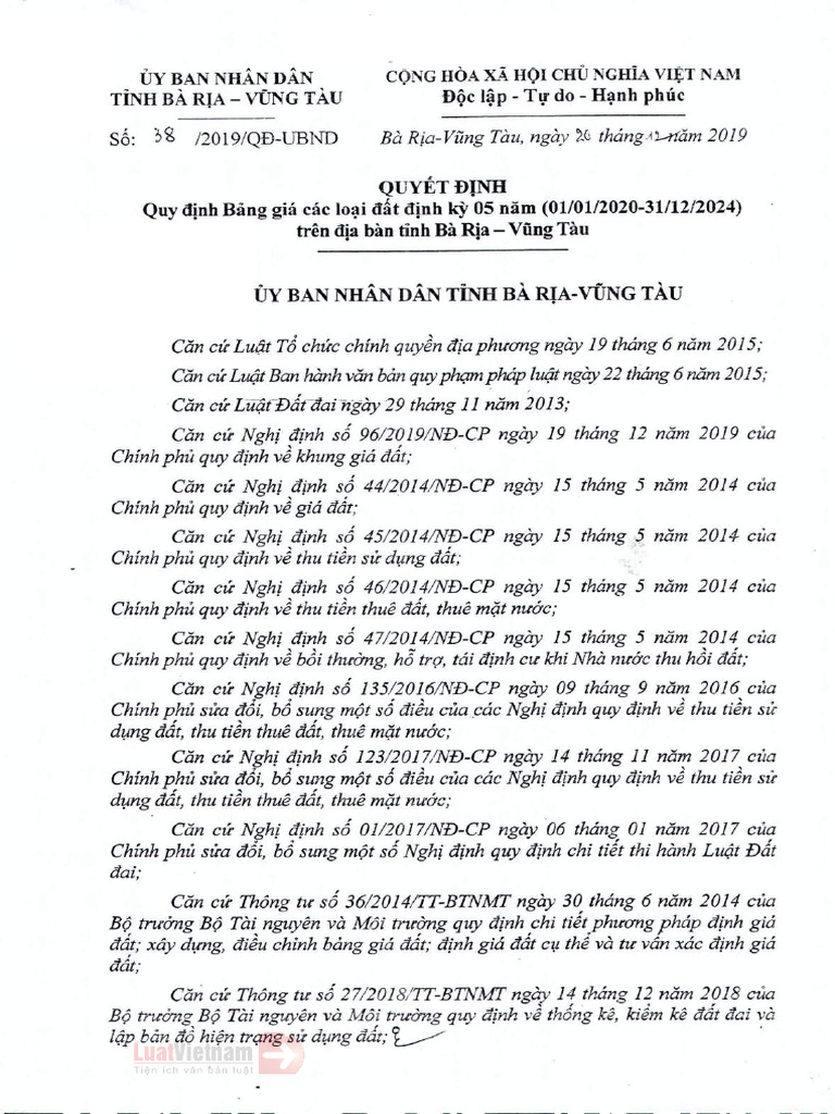 Quyet Dinh 38 2019 QD Ubnd Bang Gia Dat Tinh Ba Ria Vung Tau Giai Doan ...