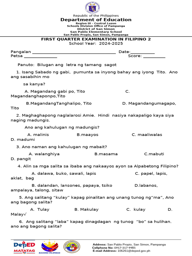 1st Periodic Filipino Grade 2 | PDF