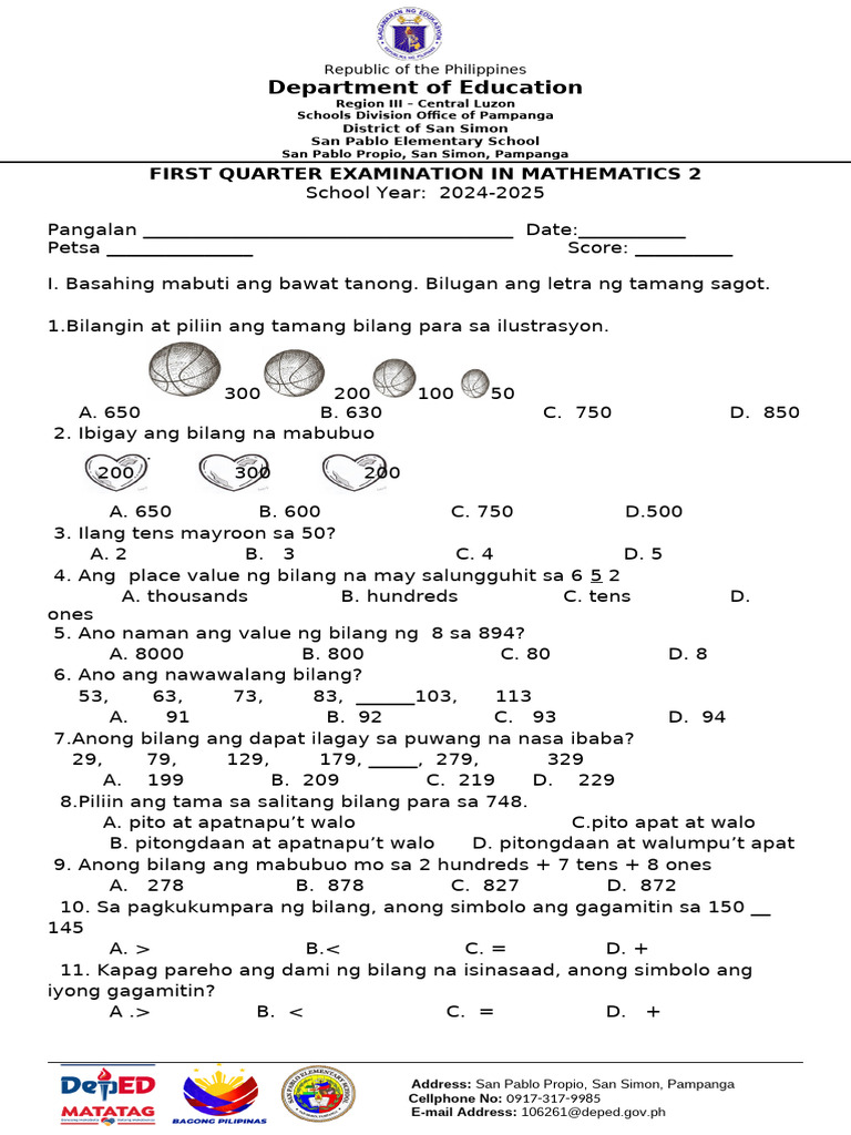 1st Periodic Math Grade 2 | PDF