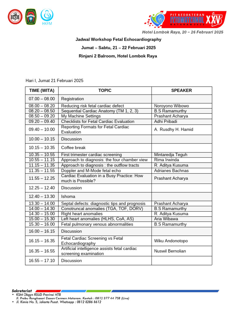 Jadwal Workshop Fetal Echocardiography (17 Feb Jam 19.00) | PDF | Echocardiography | Heart