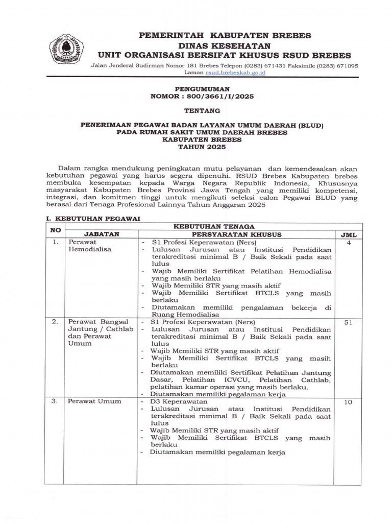 Pengumuman Rekrutmen Pegawai Blud 2025 | PDF