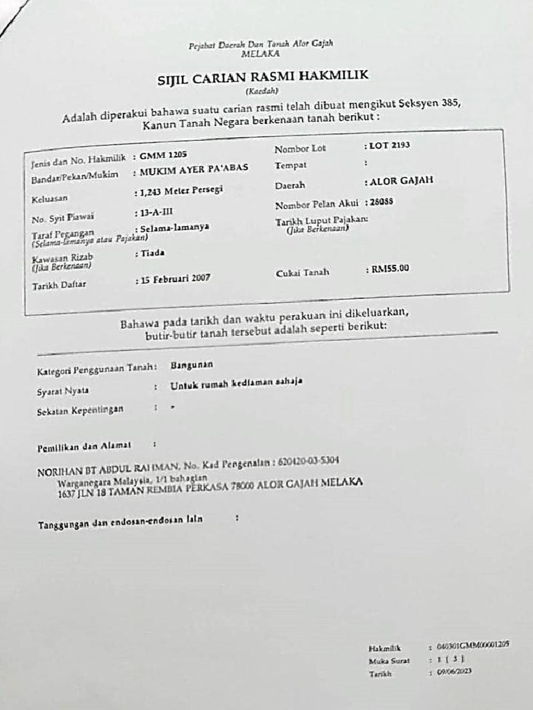 Carian Rasmi Hak Milik Dan Geran | PDF