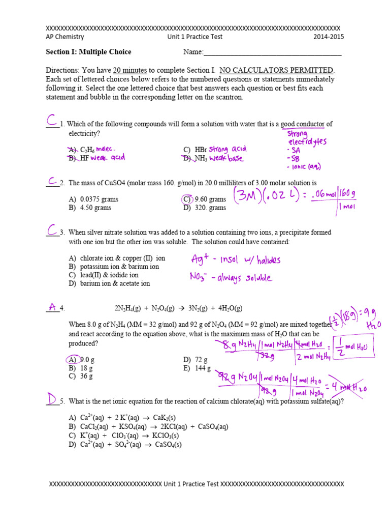 Unit 1 Practice Test Ans Key | PDF | Acid | Mole (Unit)