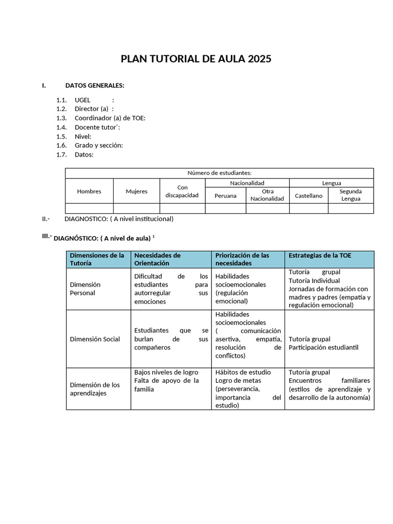 Plan Tutorial de Aula Formato 2025 | PDF | Salón de clases