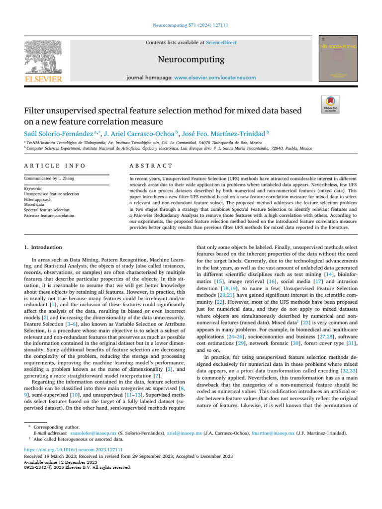 Filter Unsupervised Spectral Feature Selection Method for Mixed Data Based on a New Feature ...
