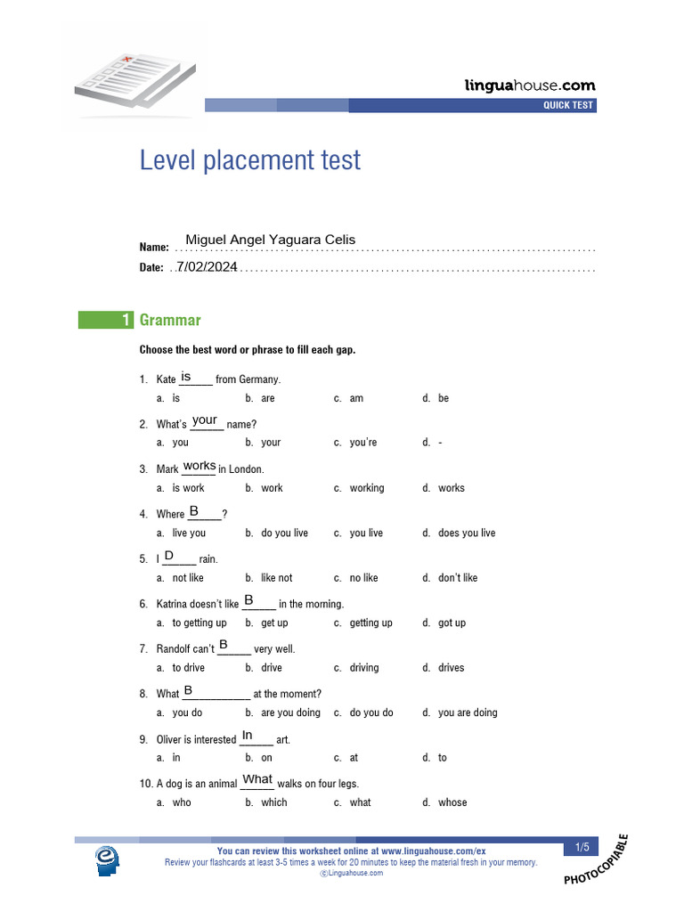 English Level Placement Test | PDF