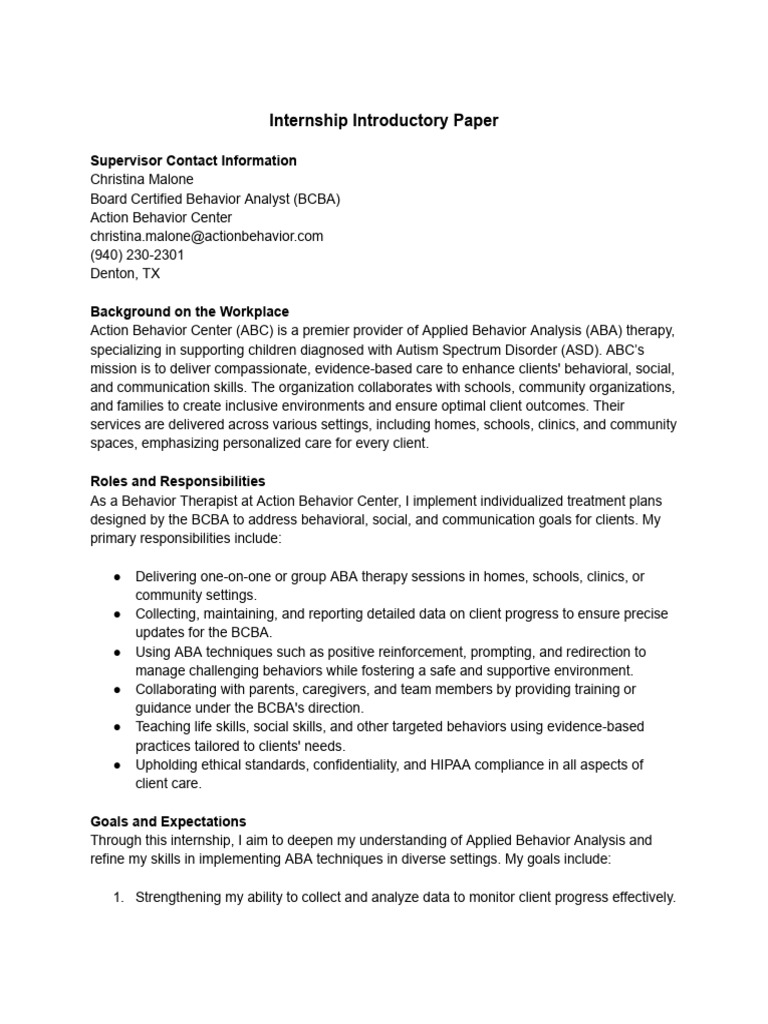 Internship Introductory Paper: Supervisor Contact Information | PDF ...