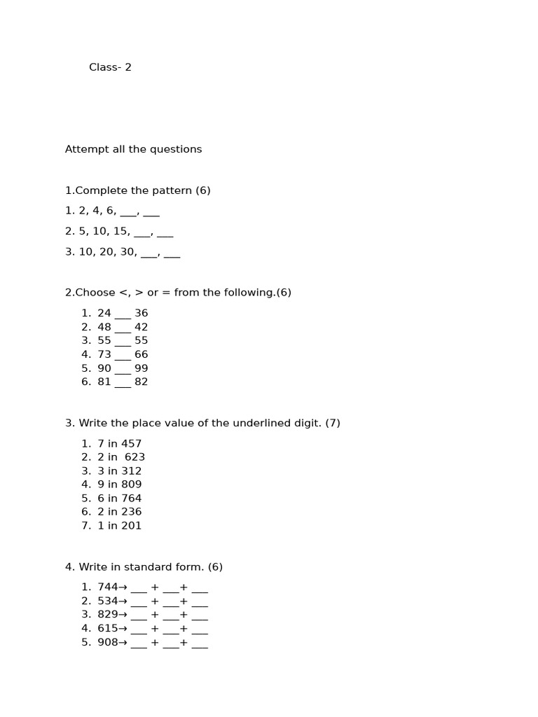 Class 2 Maths Worksheet: Patterns & Operations | PDF
