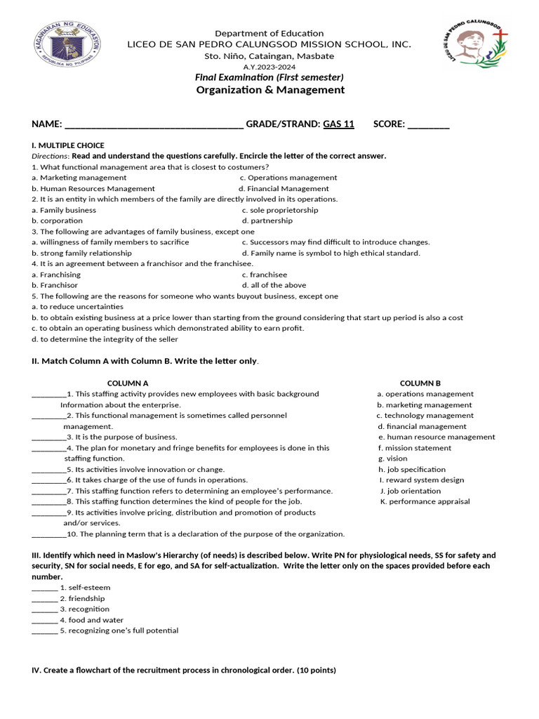 Final Examination in Organization and Management | PDF | Franchising ...