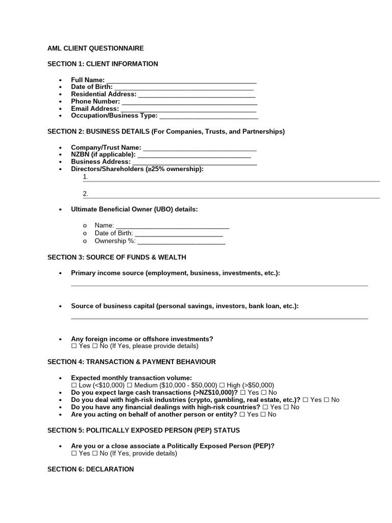 Aml Client Questionnaire | PDF