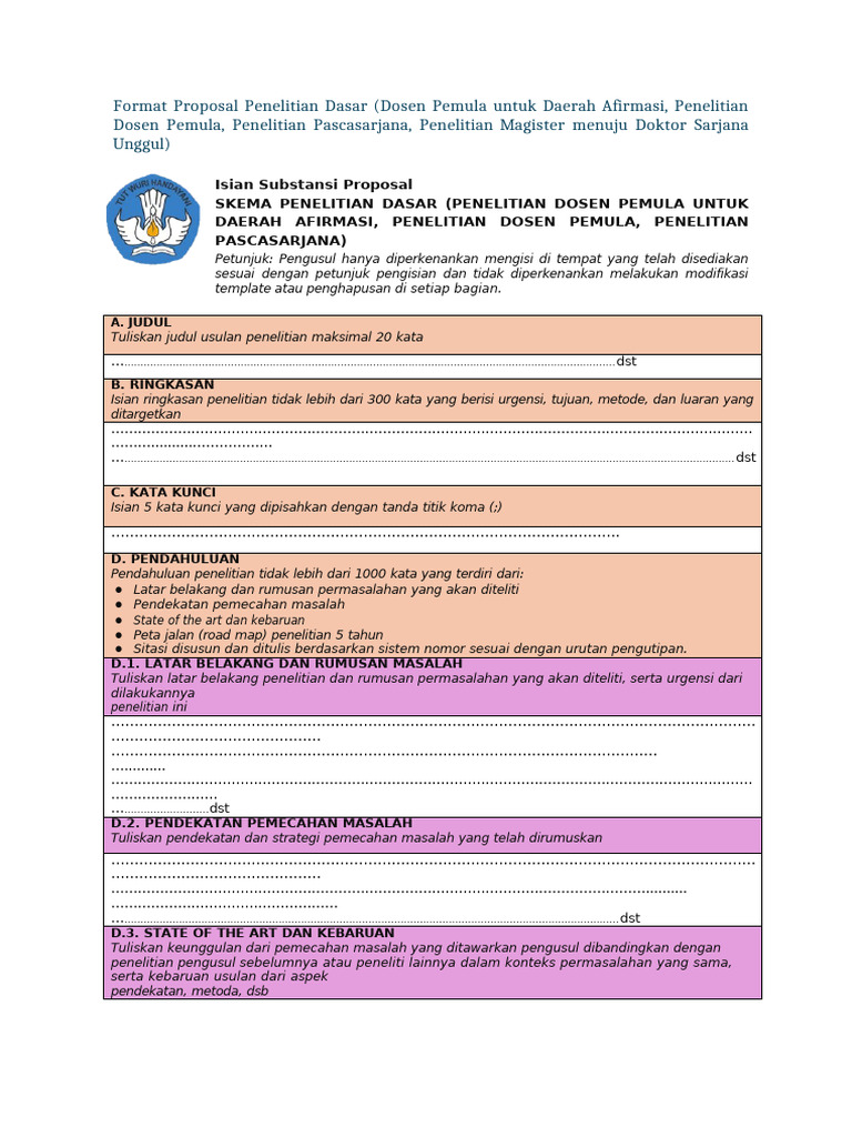 Format Proposal Penelitian Dasar (Dosen Pemula Untuk Daerah Afirmasi, Penelitian Dosen Pemula ...