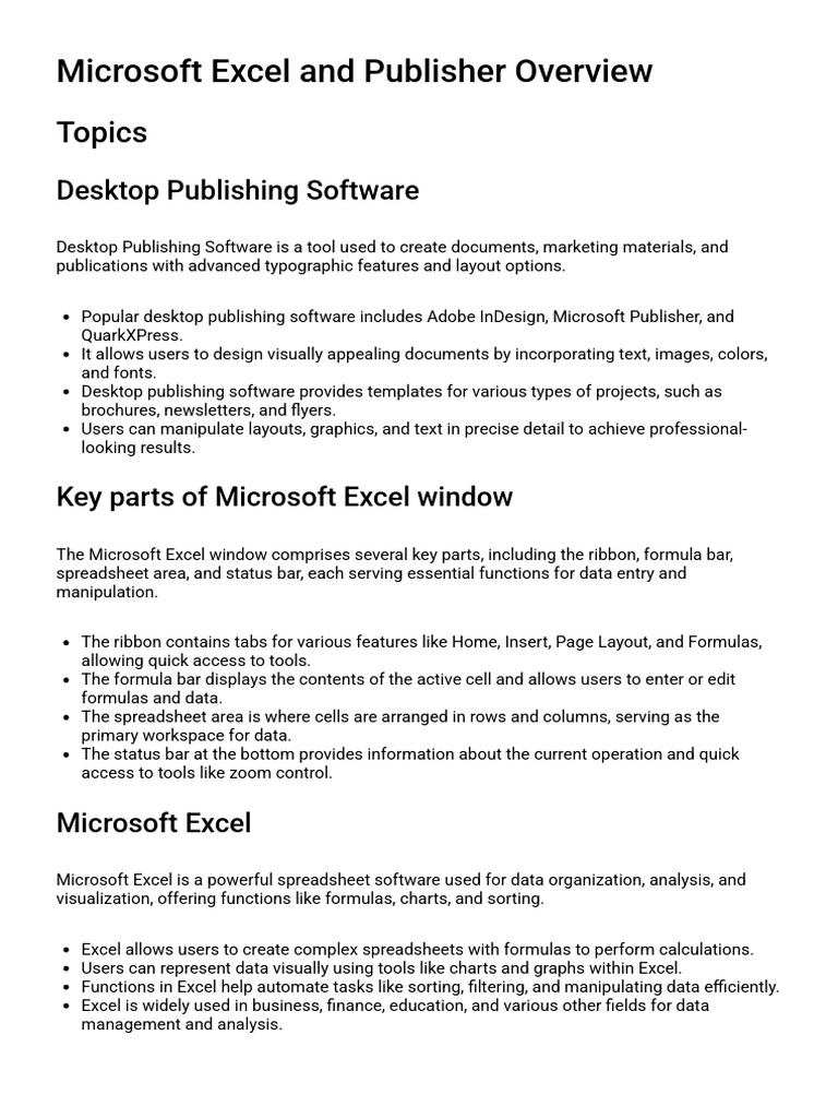MicrosoftExcelandPublisherOverview StudyGuide | PDF | Microsoft Excel | Spreadsheet