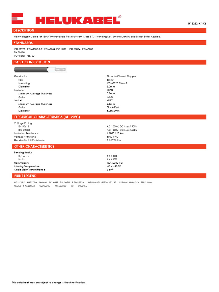 Helukabel Solarflex-X H1Z2Z2-K 1 X 6 | PDF | Alternating Current | Insulator (Electricity)
