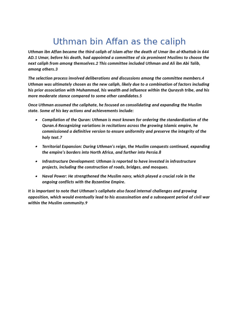 Uthman bin Affan as the caliph | PDF