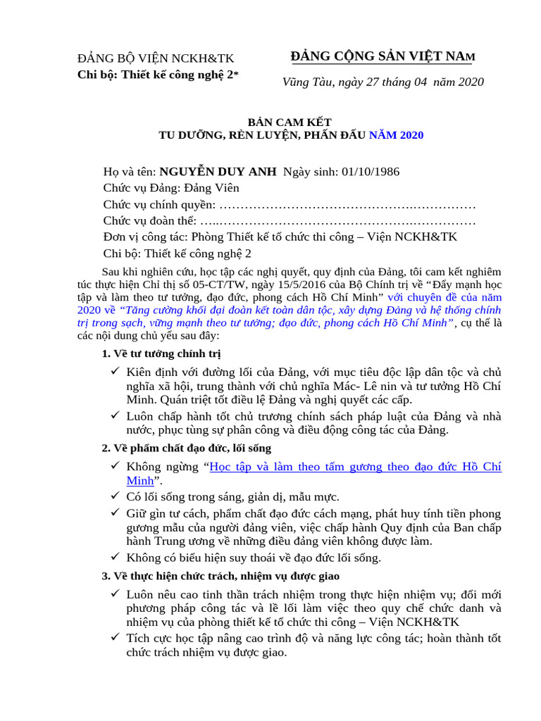 Ban Cam Ket Thuc Hien Chi Thi 05 Nam 2020 - NGUYEN DUY ANH | PDF