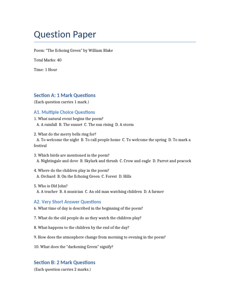 The Echoing Green Question Paper | PDF