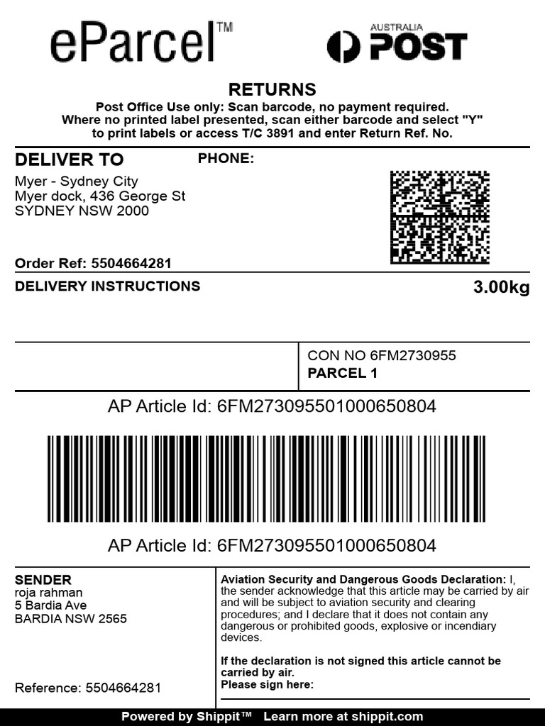 Myer Return Label and Security Declaration | PDF