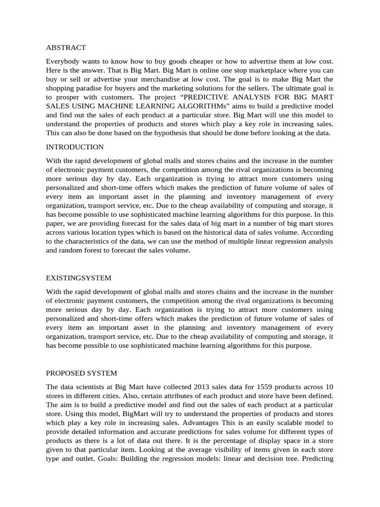synopsis-big mart sales prediction | PDF | Machine Learning | Prediction