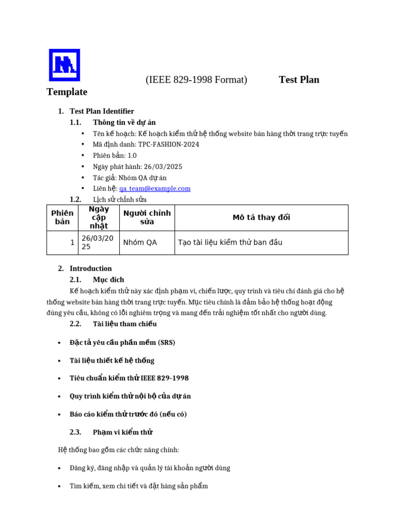 Test Plan Template (IEEE 829-1998 Format) | PDF
