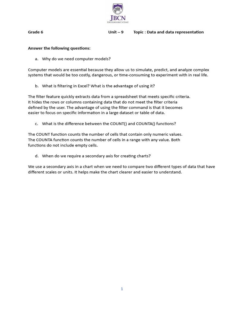 G6 - Data and Data Representation (Excel) - Notes | PDF