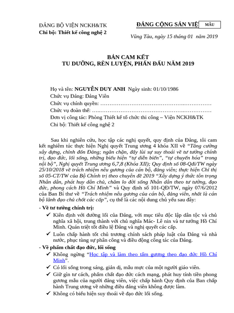 Mau Ban Cam Ket Tu Duong Ren Luyen Ca Nhan Hang Nam | PDF