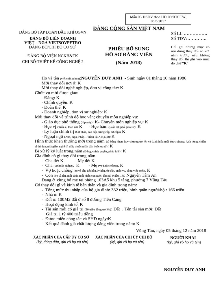 Mau Phieu Bo Sung Ho So Dang Vien | PDF