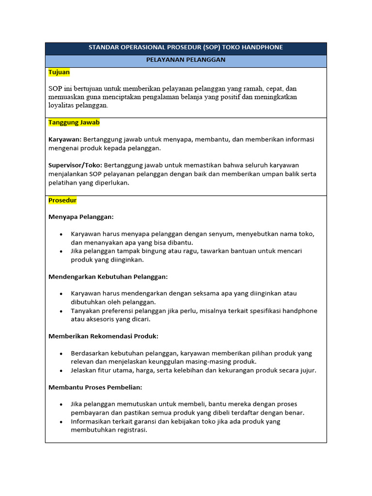 Sop Pelayanan Pelanggan | PDF
