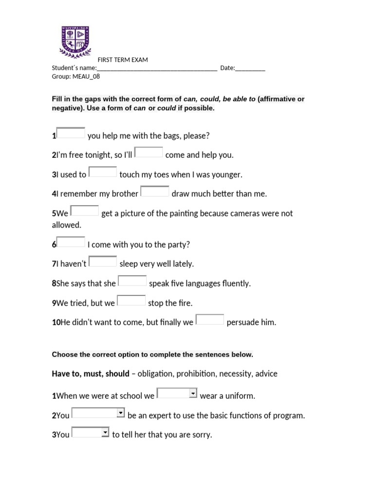 First Term Exam: Modal Verbs Practice | PDF