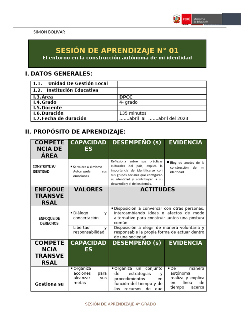 Modelo de Sesion 1 DPCC 4° Secundaria | PDF | Aprendizaje | Cognición