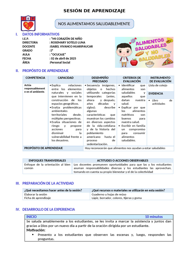 PS. Miercoles 02 de abril NOS ALIMENTAMOS SALUDABLEMENTE | PDF | Evaluación | Aprendizaje