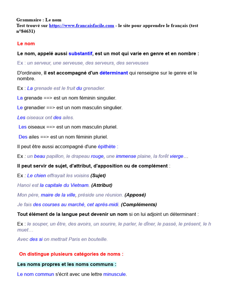 Grammaire : Comprendre le nom | PDF | Nom (grammaire) | Genre grammatical